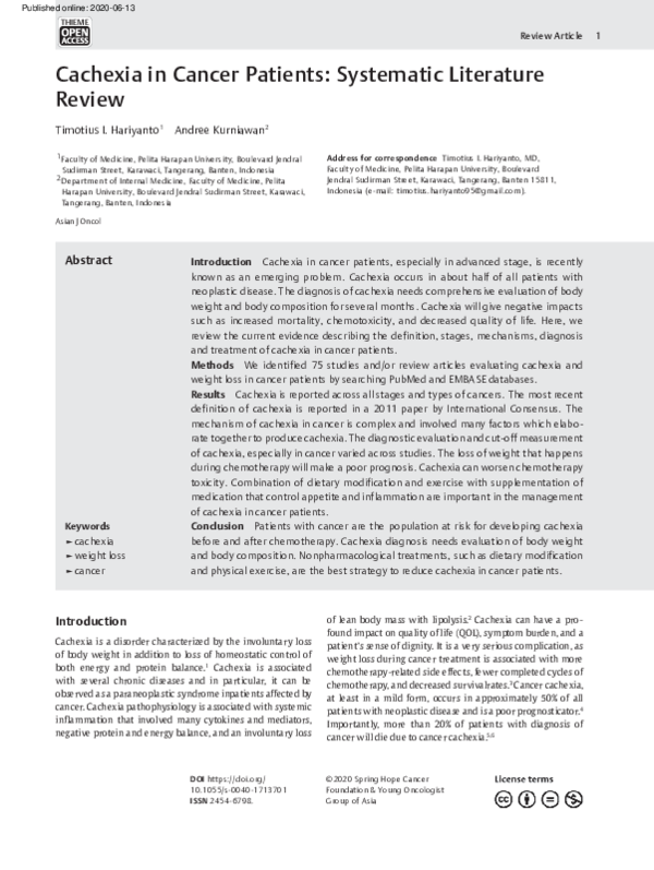 (PDF) Cachexia in Cancer Patients: Systematic Literature Review