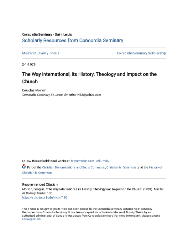 The Way International, its History, Theology and Impact on the Church