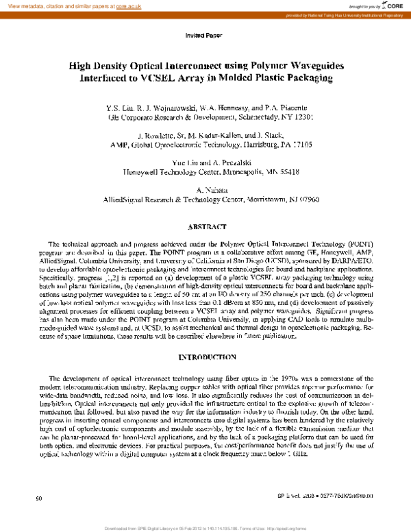 (PDF) High-density optical interconnect using polymer waveguides interfaced to a VCSEL array in ...