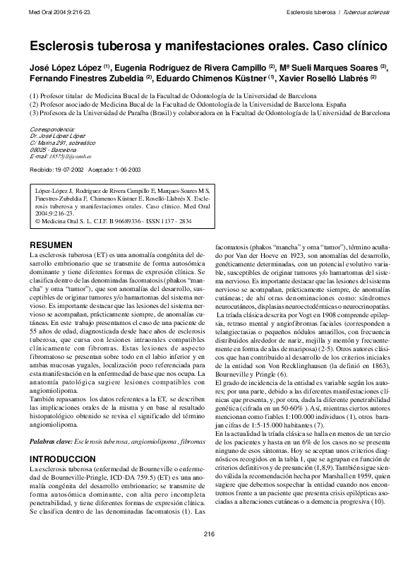 (PDF) Esclerosis tuberosa y manifestaciones orales. Caso clínico