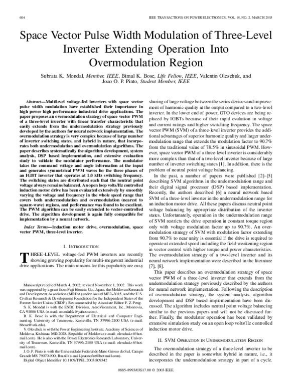 Pdf Space Vector Pulse Width Modulation Of Three Level Inverter Extending Operation Into