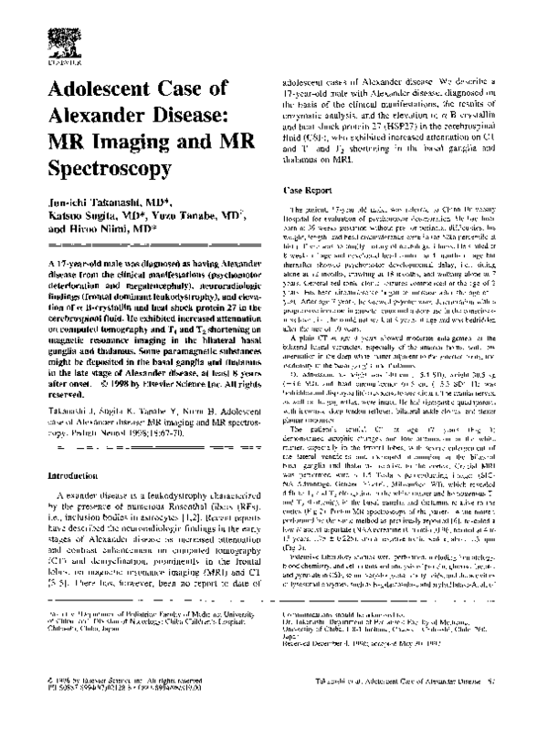 (PDF) Adolescent case of Alexander disease: MR imaging and MR spectroscopy