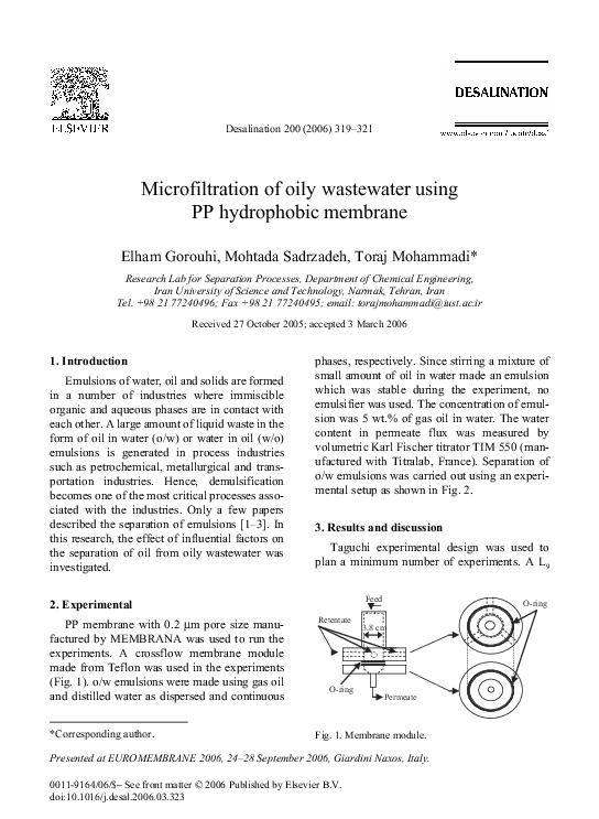 (PDF) Microfiltration of oily wastewater using PP hydrophobic membrane