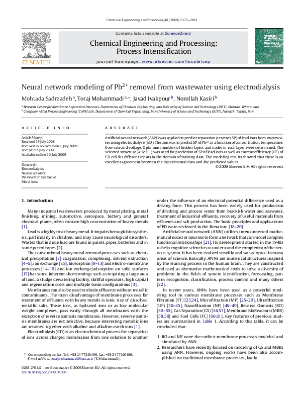 (PDF) Neural network modeling of Pb2+ removal from wastewater using electrodialysis
