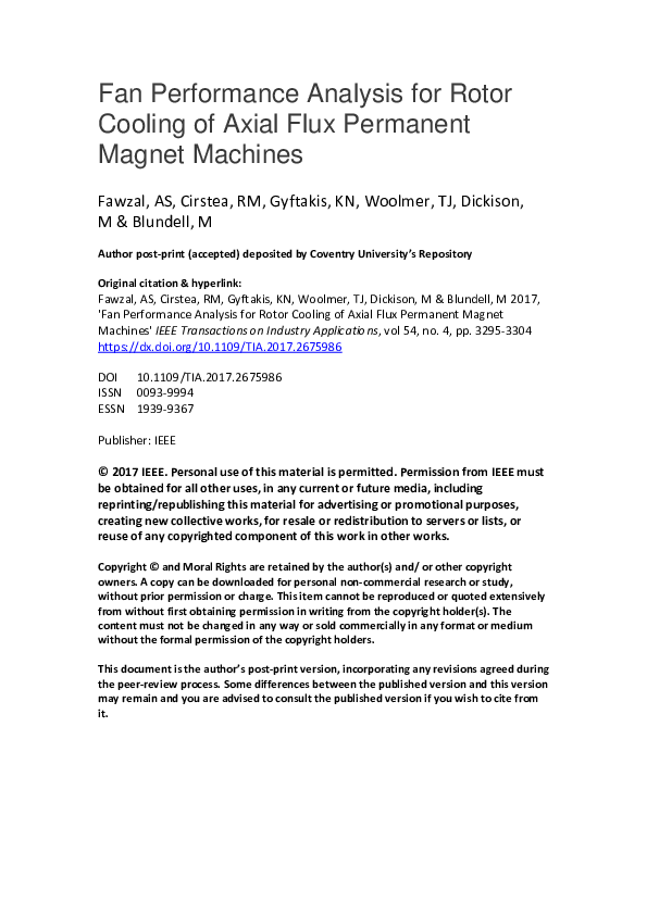 (PDF) Fan Performance Analysis for Rotor Cooling of Axial Flux ...