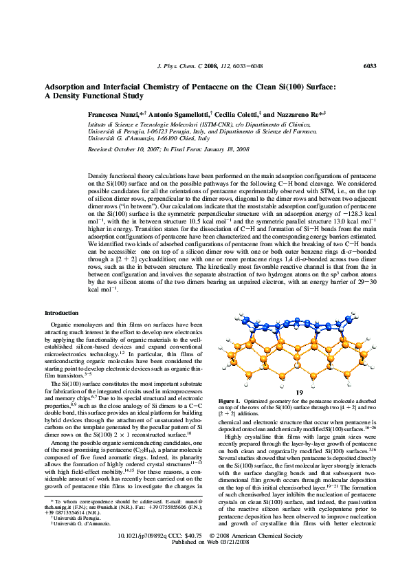 (PDF) Adsorption and Interfacial Chemistry of Pentacene on the Clean Si ...