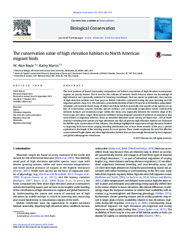 (PDF) The conservation value of high elevation habitats to North ...