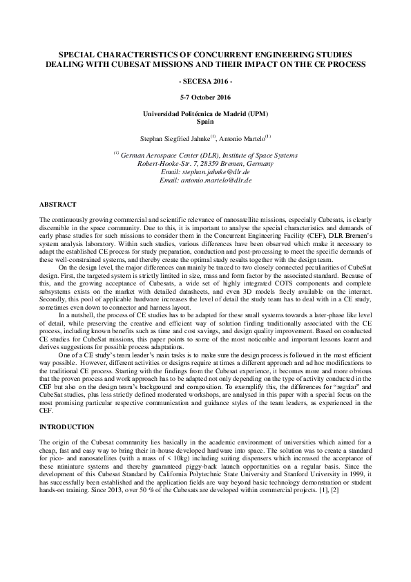 (PDF) Special Characteristics of Concurrent Engineering Studies dealing with Cubesat missions ...