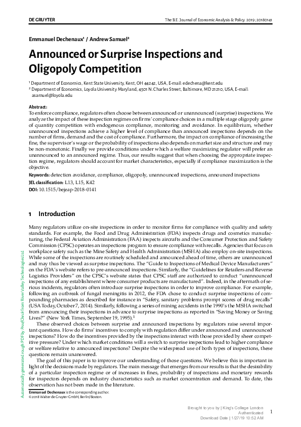 (PDF) Announced or Surprise Inspections and Oligopoly Competition