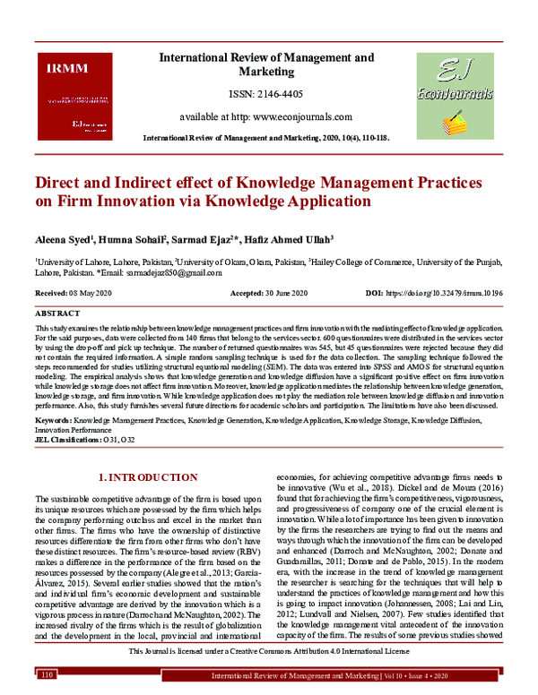(PDF) Direct and Indirect Effect of Knowledge Management Practices on Firm Innovation via ...