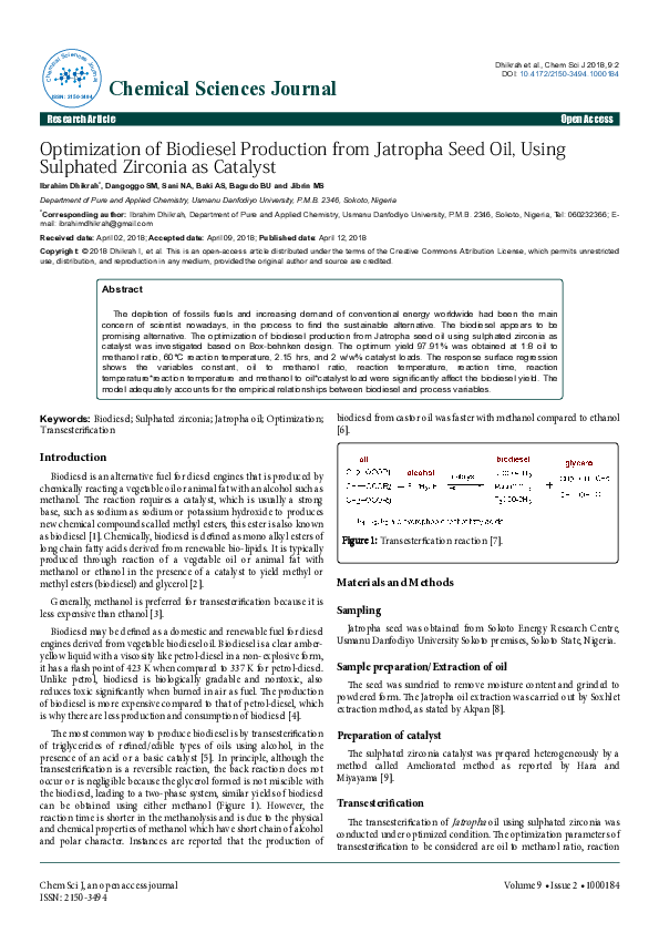 (PDF) Optimization of Biodiesel Production from Jatropha Oil