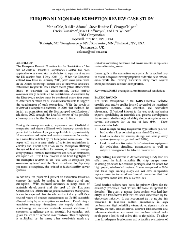 (PDF) EUROPEAN UNION RoHS EXEMPTION REVIEW CASE STUDY