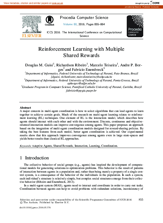 (PDF) Reinforcement Learning with Multiple Shared Rewards