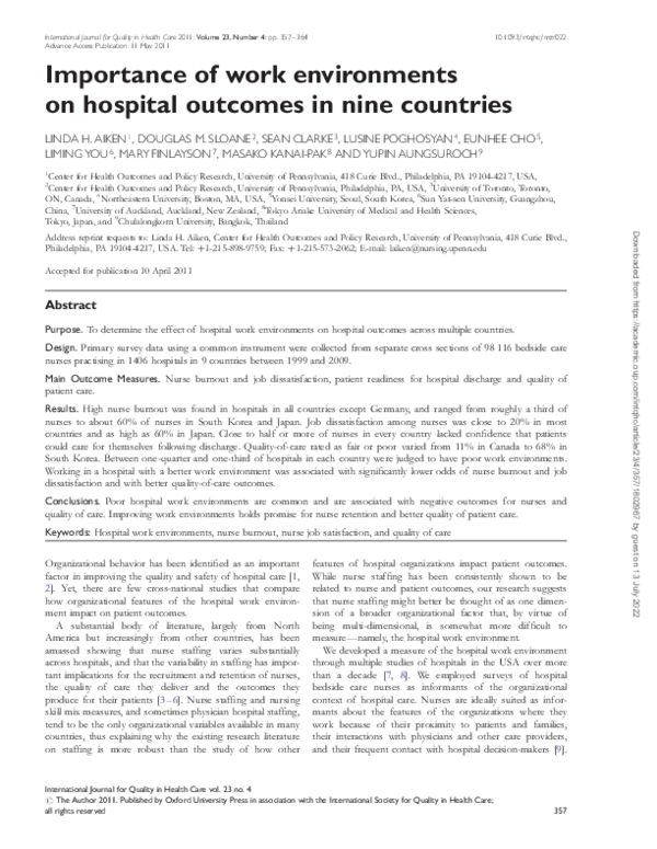 (PDF) Importance of work environments on hospital outcomes in nine ...