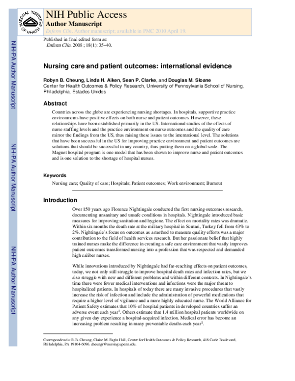(PDF) Nursing care and patient outcomes: international evidence