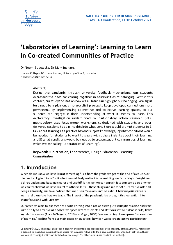 (PDF) Laboratories of Learning’: Learning to Learn in Co-created ...