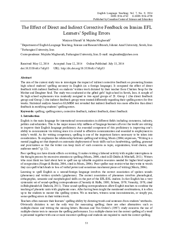 Pdf The Effect Of Direct And Indirect Corrective Feedback On Iranian Efl Learners Spelling