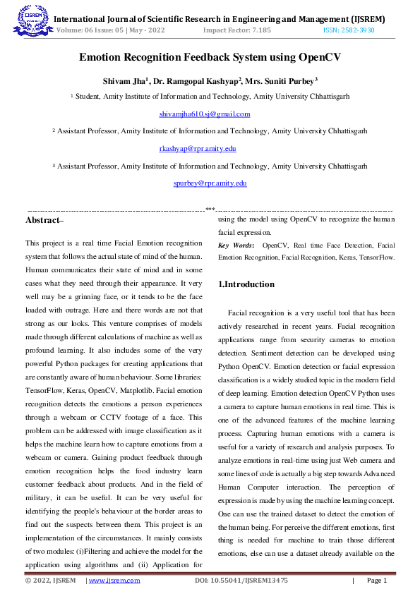 (PDF) Emotion Recognition Feedback System using OpenCV