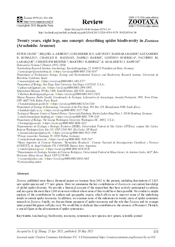 Twenty years, eight legs, one concept: describing spider biodiversity ...