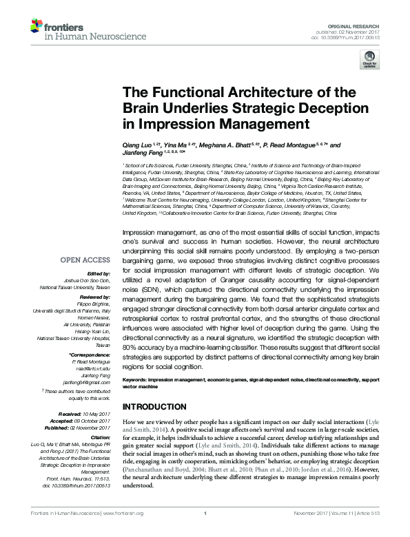 Pdf The Functional Architecture Of The Brain Underlies Strategic Deception In Impression