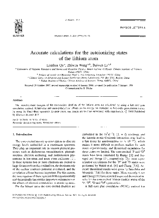 Pdf Accurate Calculations For The Autoionizing States Of The Lithium Atom