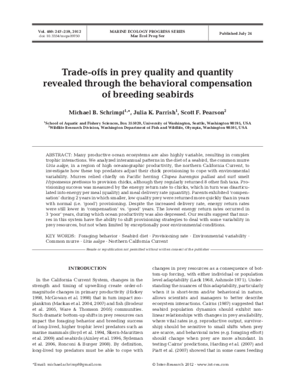 (PDF) Trade-offs in prey quality and quantity revealed through the ...