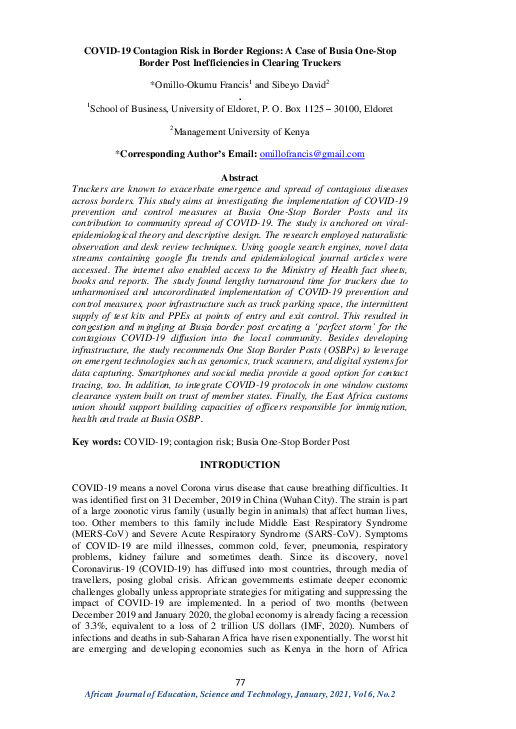 (PDF) COVID-19 Contagion Risk in Border Regions: A Case of Busia One ...