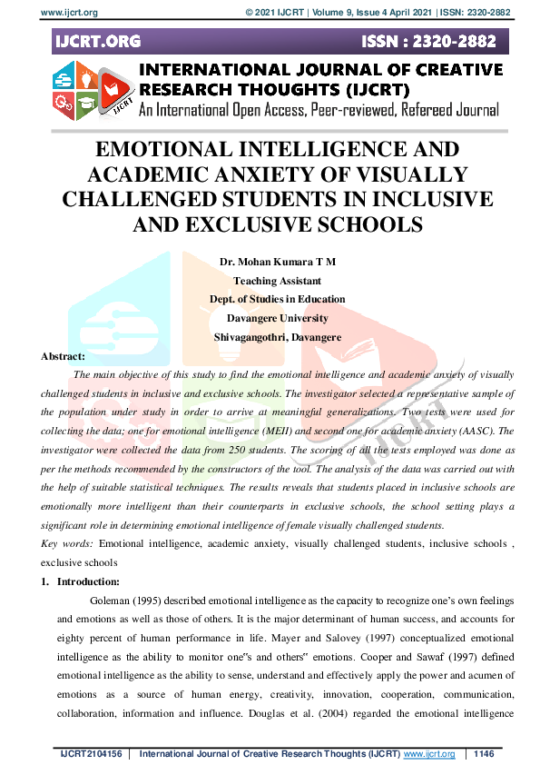 (PDF) Emotional Intelligence and Academic Anxiety of Visually ...