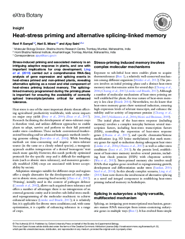 (PDF) Heat-stress priming and alternative splicing-linked memory