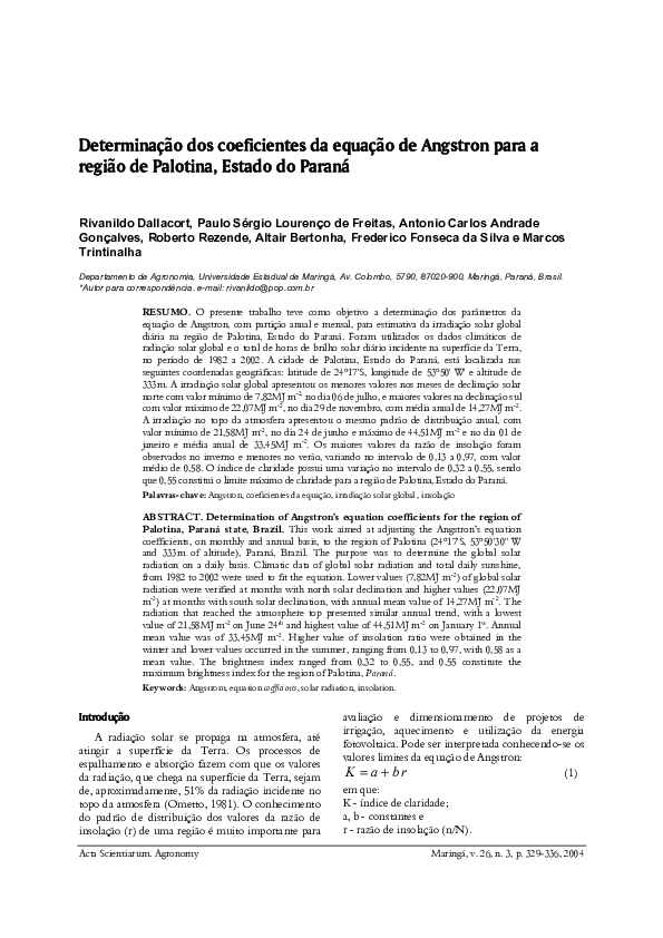 (PDF) Determinação dos coeficientes da equação de Angstron para a ...