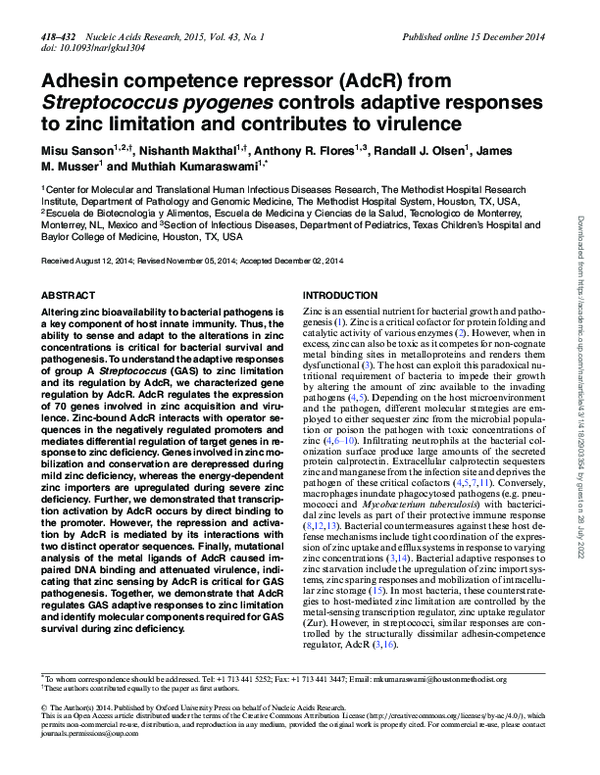 (PDF) Adhesin competence repressor (AdcR) from Streptococcus pyogenes ...