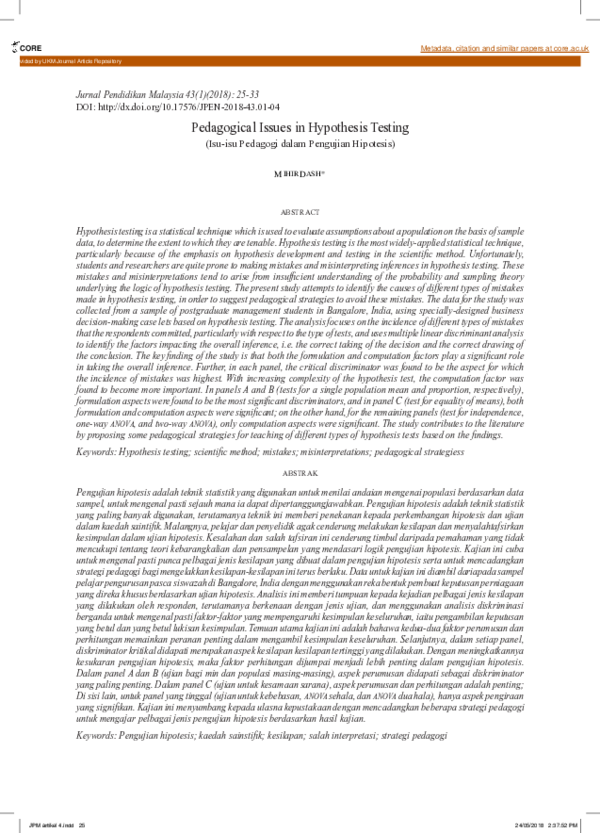 (PDF) Pedagogical issues in hypothesis testing