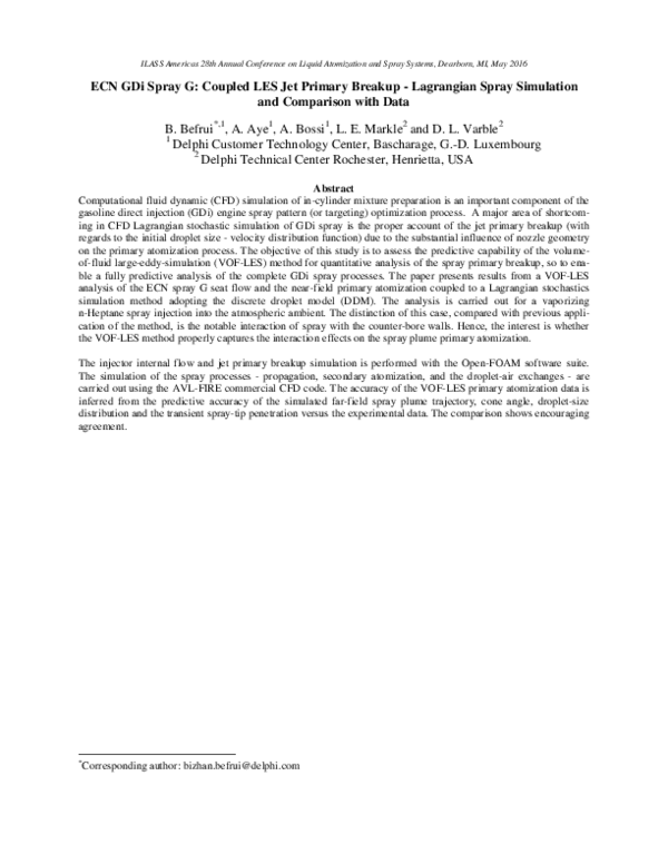 (PDF) ECN GDi Spray G : Coupled LES Jet Primary Breakup-Lagrangian Spray Simulation and ...