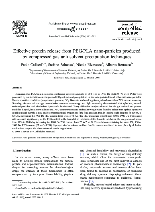 (PDF) Effective protein release from PEG/PLA nano-particles produced by ...