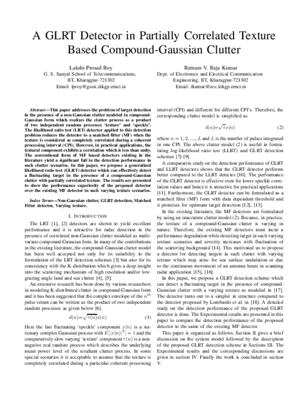 (PDF) A GLRT detector in partially correlated texture based compound-Gaussian clutter | Ratnam ...