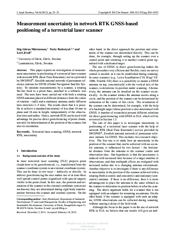 (PDF) Measurement uncertainty in network RTK GNSS-based positioning of a terrestrial laser scanner