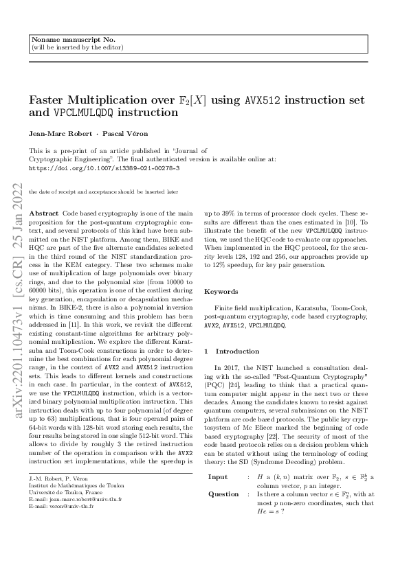Pdf Faster Multiplication Over Mathbb F 2 X Using Avx512 Instruction Set And 1084
