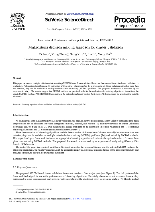 (PDF) Multicriteria Decision Making Approach for Cluster Validation