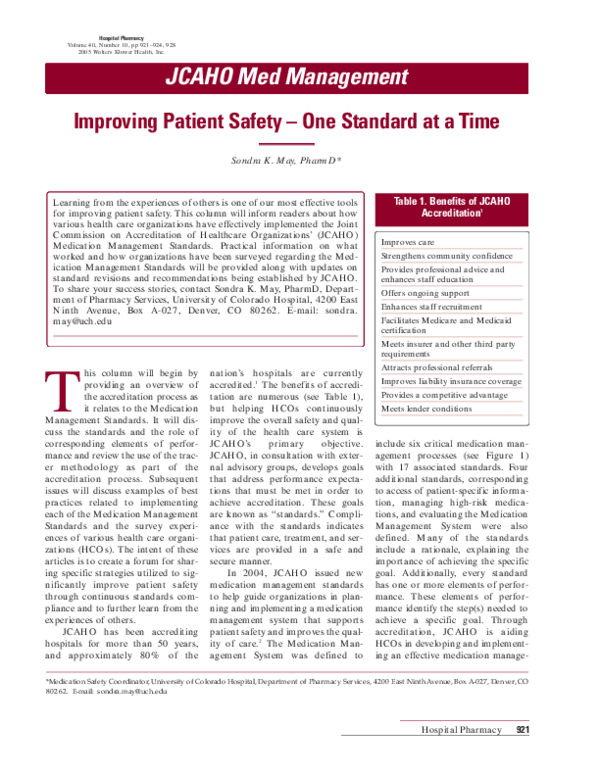 (PDF) Improving Patient Safety – One Standard at a Time