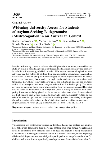 (PDF) Access and Recognition for Asylum-Seeking Students