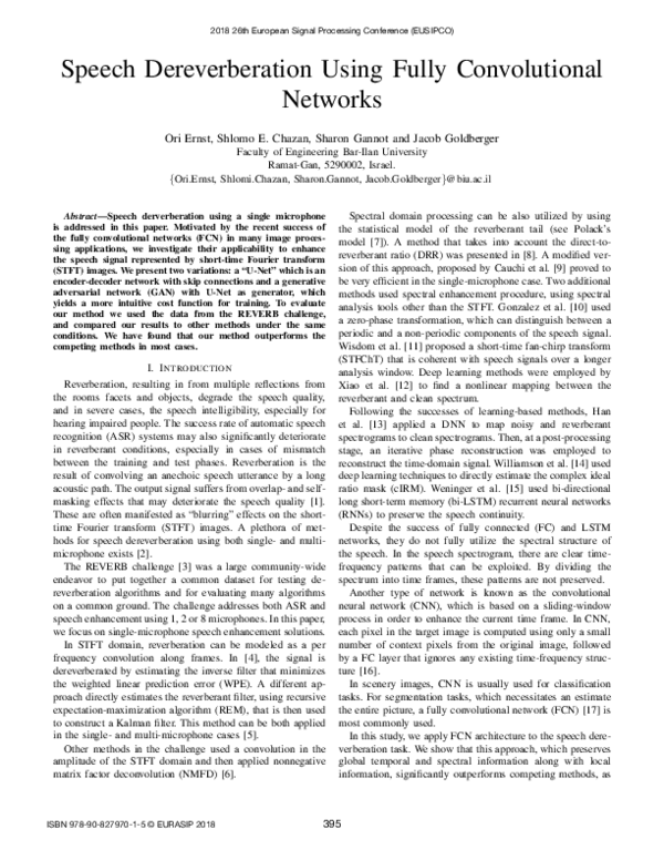 (PDF) Speech Dereverberation Using Fully Convolutional Networks