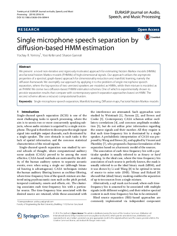 (PDF) Single microphone speech separation by diffusion-based HMM estimation