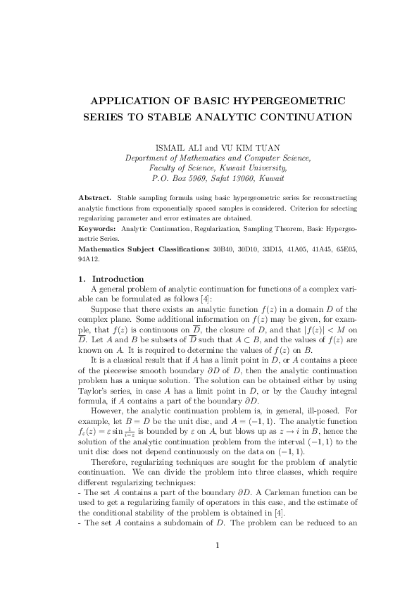 (PDF) Application of basic hypergeometric series to stable analytic continuation