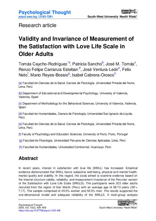 (PDF) Validity and Invariance of Measurement of the Satisfaction with Love Life Scale in Older ...