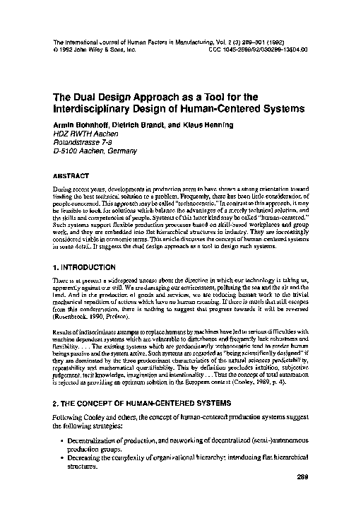 (PDF) The dual design approach as a tool for the interdisciplinary design of human-centered systems