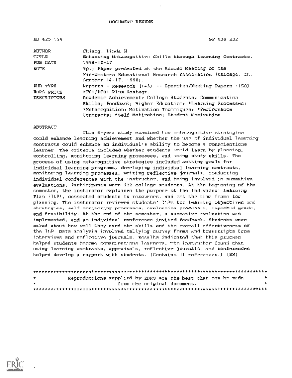 Pdf Enhancing Metacognitive Skills Through Learning Contracts