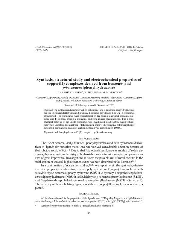 (PDF) Synthesis, structural study and electrochemical properties of copper(II) complexes derived ...