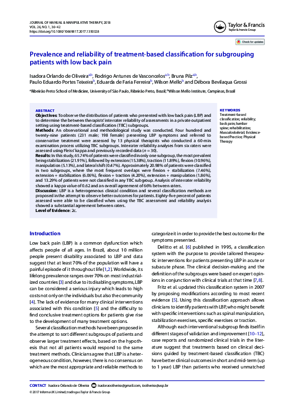(PDF) Prevalence and reliability of treatment-based classification for subgrouping patients with ...