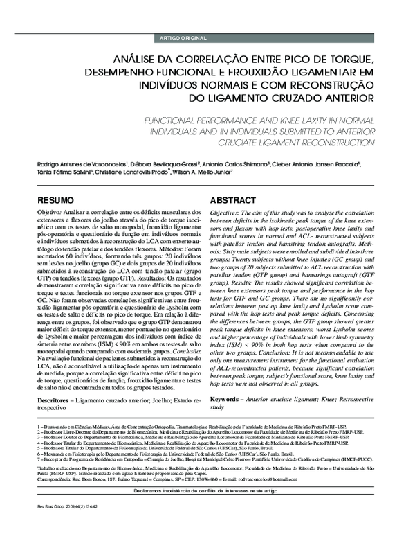 (PDF) Análise da correlação entre pico de torque, desempenho funcional ...