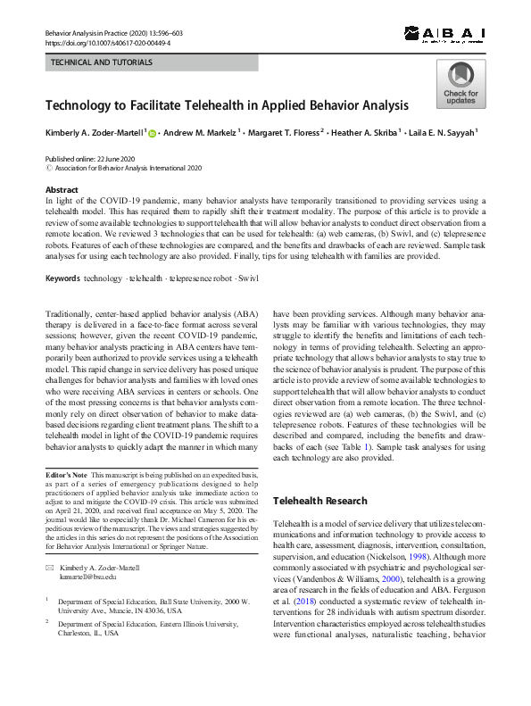 (PDF) Technology to Facilitate Telehealth in Applied Behavior Analysis ...